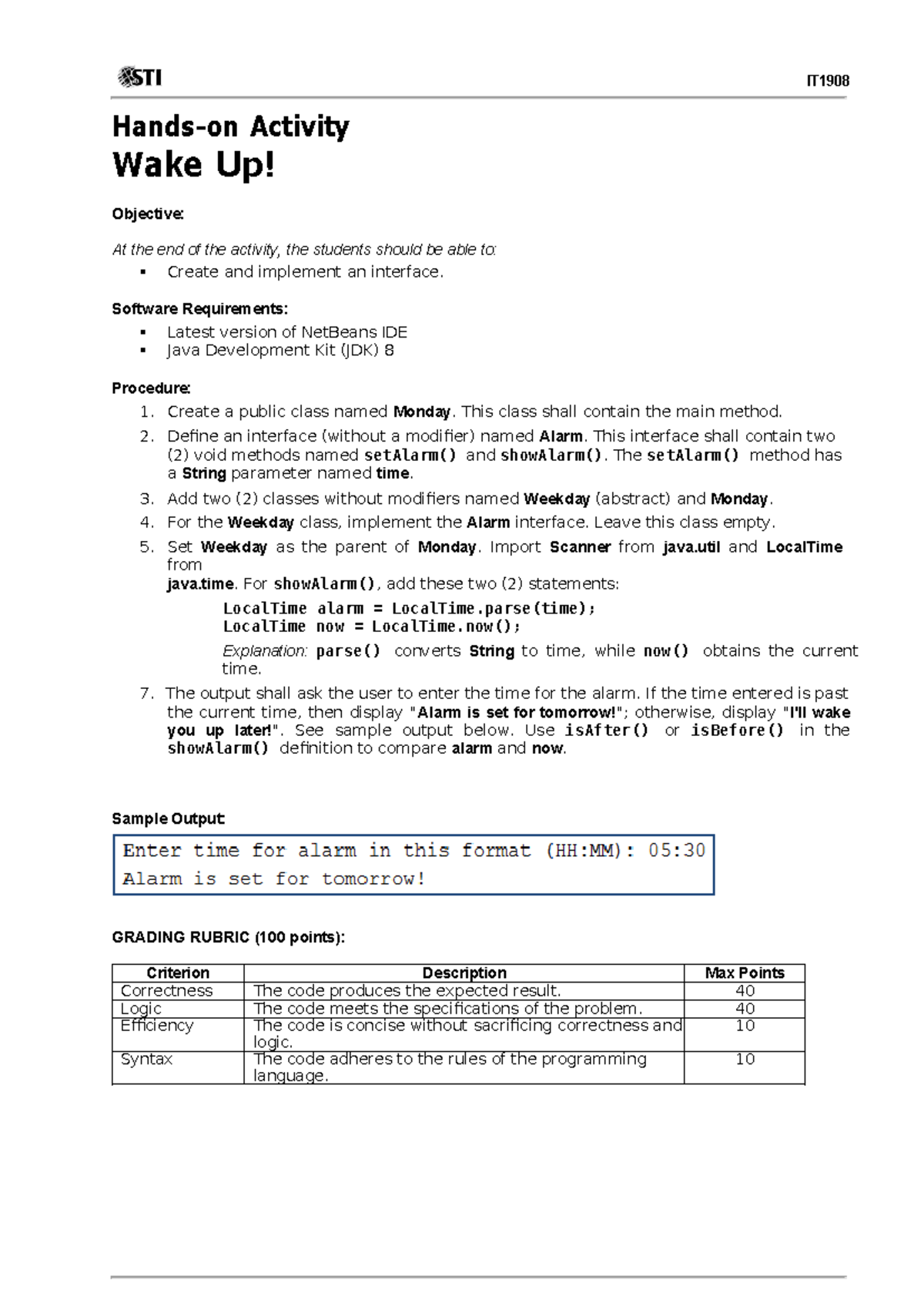 IT 08 Hands-on Activity 1 - OOP: Creating an Alarm Interface in Java ...