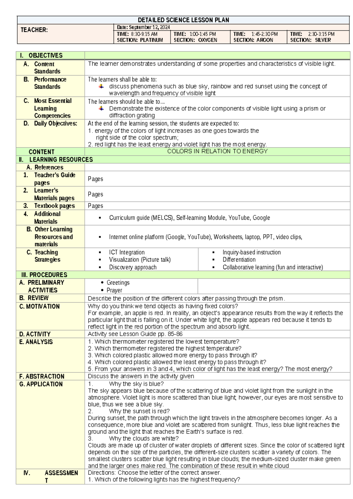 Detailed Science Lesson Plan: Colors in Relation to Energy (Sept 12 ...