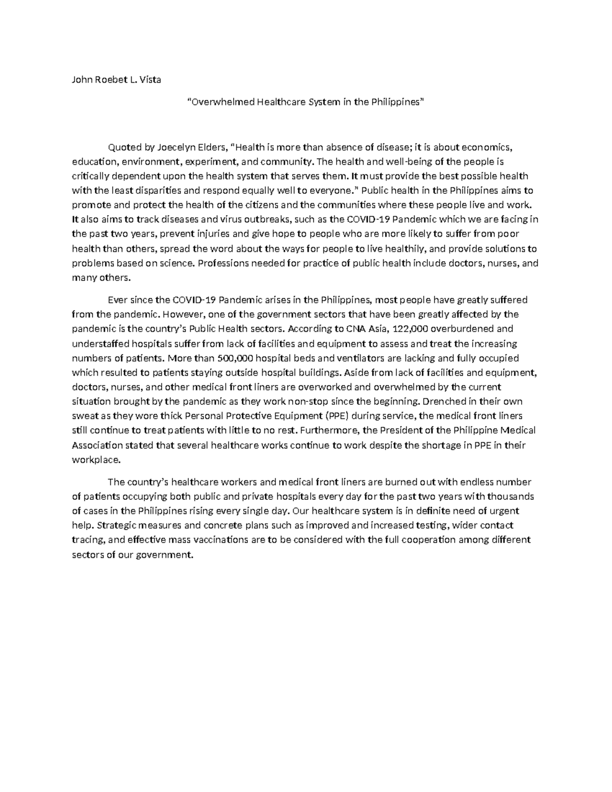 Overwhelmed Healthcare System in the Philippines - John Roebet L. Vista ...