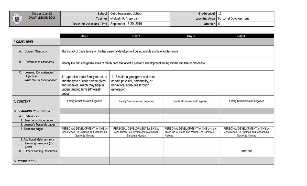Personal Development Lesson Log for Grade 11 (Week 3) - PD11-12DS - Studocu