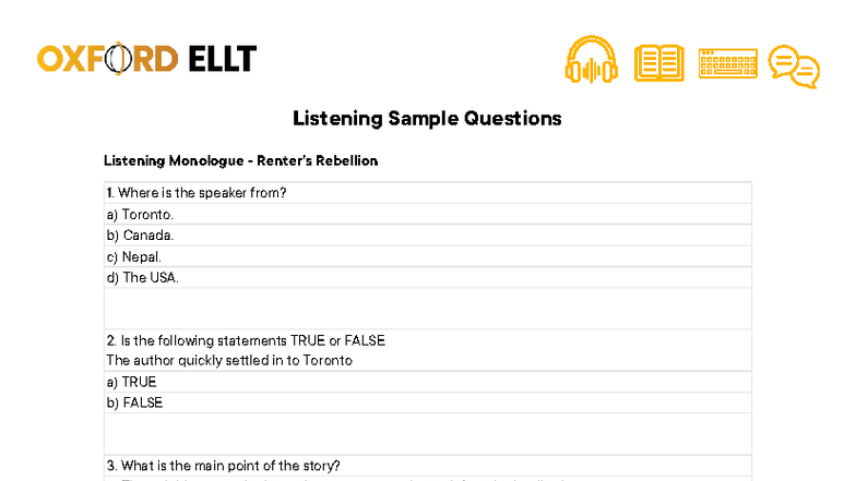 Oxford ELLT Listening Sample 1 Questions - May 2024 - Studocu