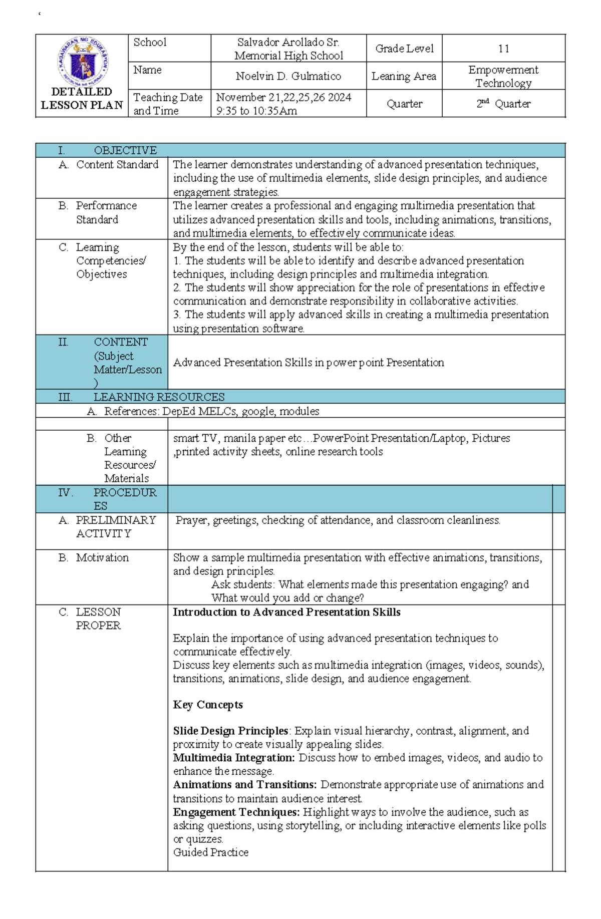 Advanced Presentation Skills: Lesson Plan for Empowerment Tech (Grade ...