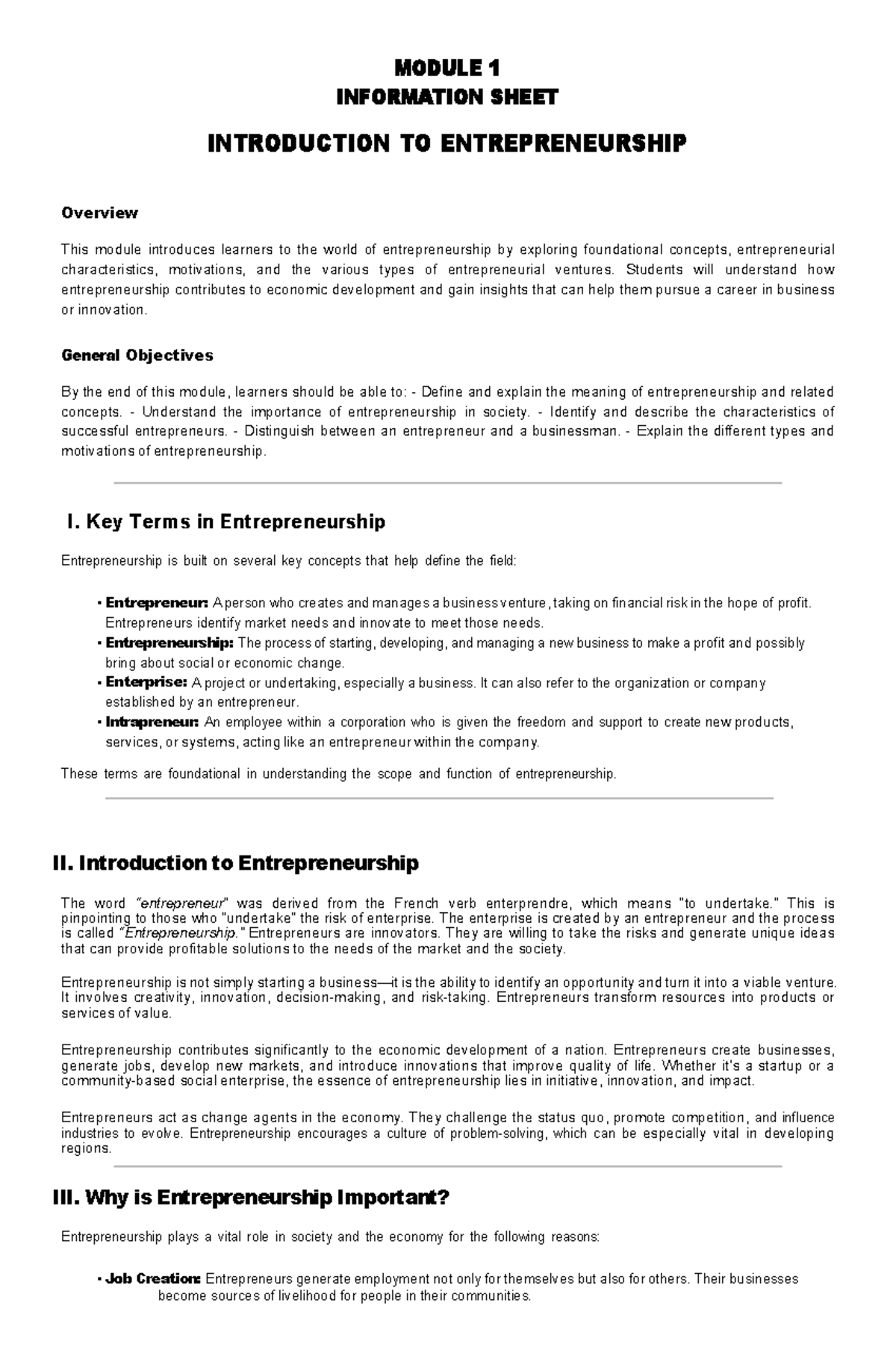 Entrepreneurship Module 1: Introduction & Key Concepts Overview - Studocu