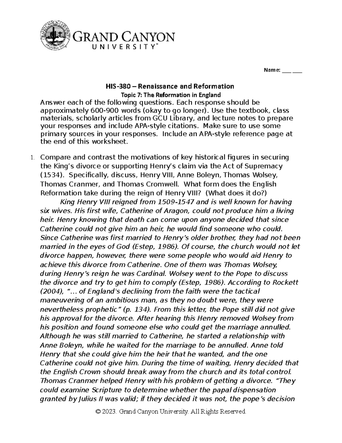 T7-The Reformationin England Worksheet - Name: ___ ___ HIS-380 ...