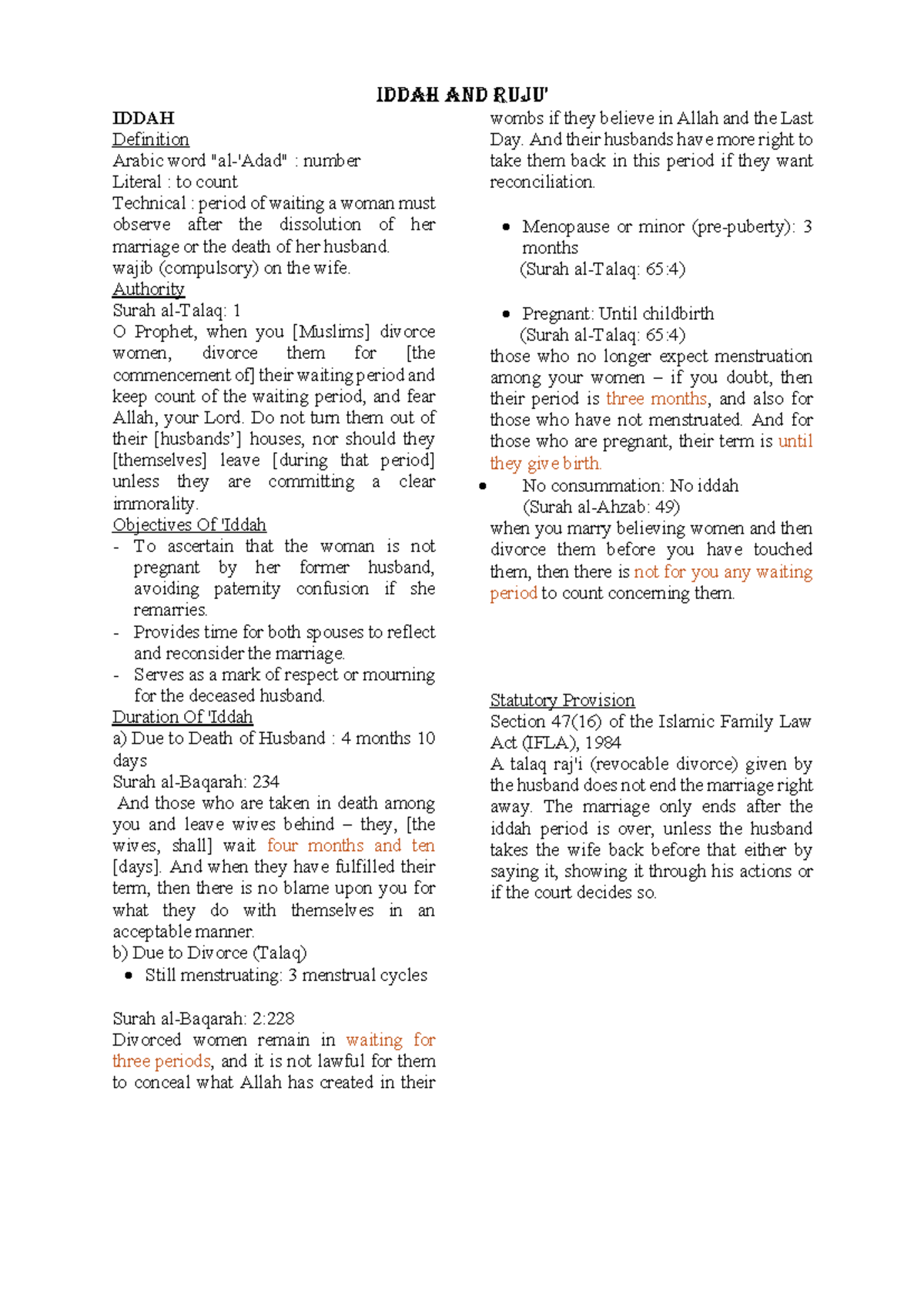 IDDAH & RUJU: Understanding Waiting Periods in Islamic Law - Studocu