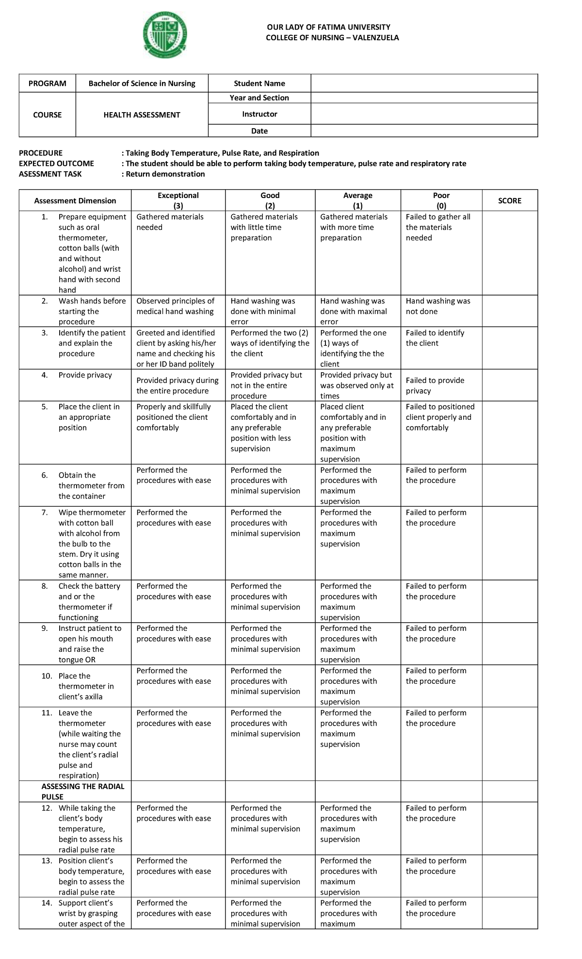 HAS Rubrics for Assessment of Vital Signs in Nursing Students - Studocu