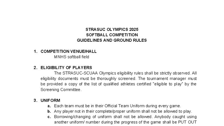 STRASUC OLYMPICS 2025 SOFTBALL COMPETITION RULES & GUIDELINES - Studocu