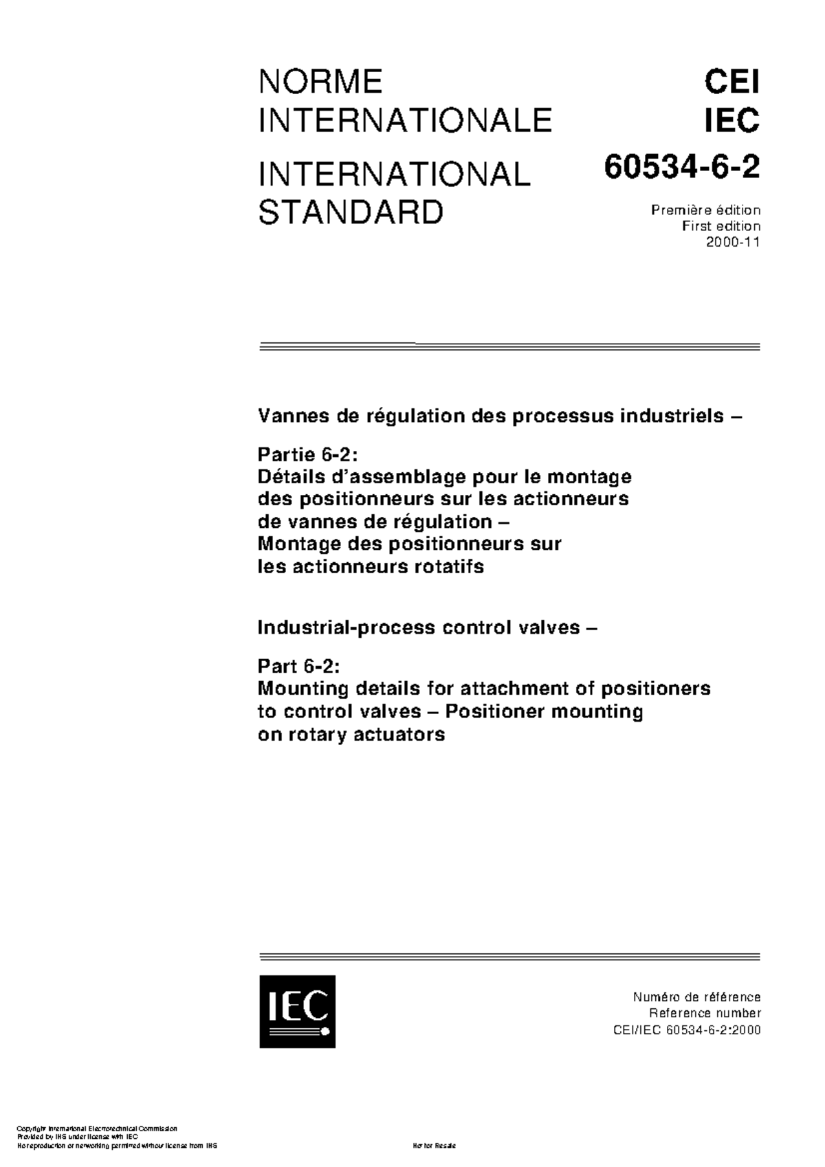 IEC 60534-6-2:2000 - Industrial Process Control Valves - Positioner ...