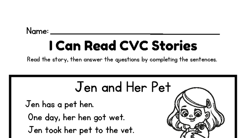 Literacy I Can Read CVC Stories Short E Worksheet Black and White Lined ...