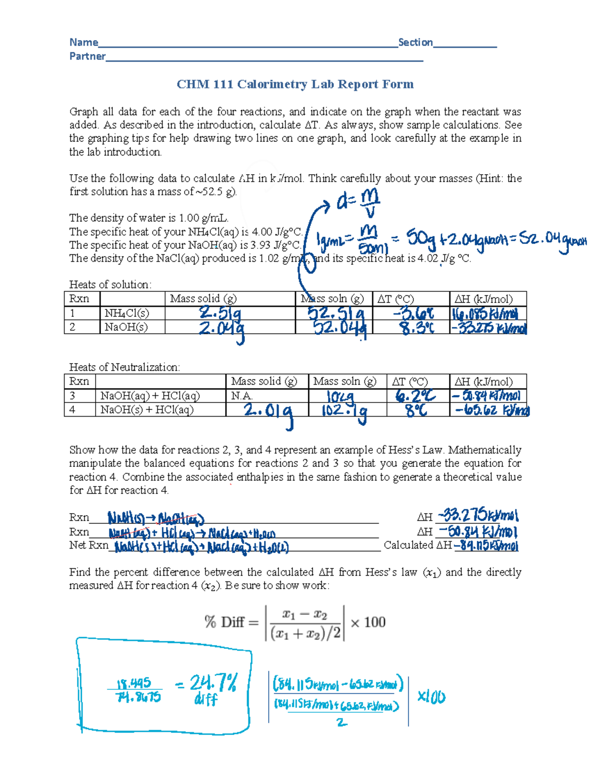 CHM 111 Final Lab Report: Calorimetry Analysis and ΔH Calculations ...