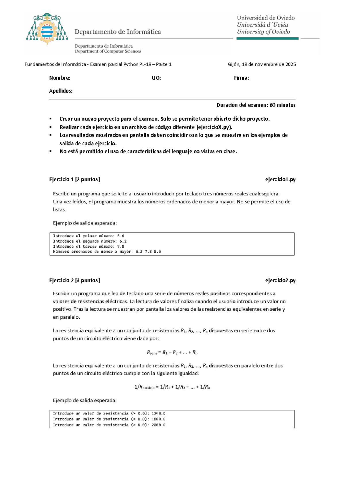 Fundamentos de Informática UO: Examen Parcial Python Parte 1 - Studocu