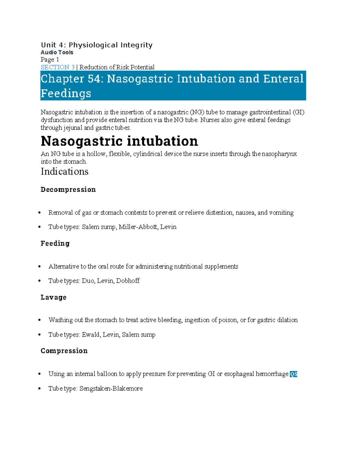 Ch 54: Nasogastric Intubation & Enteral Feedings Overview - Studocu