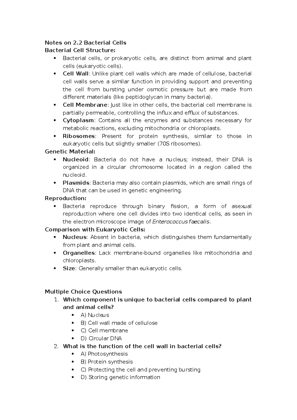 Notes on 2.2 - IGCSE Biology: Bacterial Cell Structure and Function ...