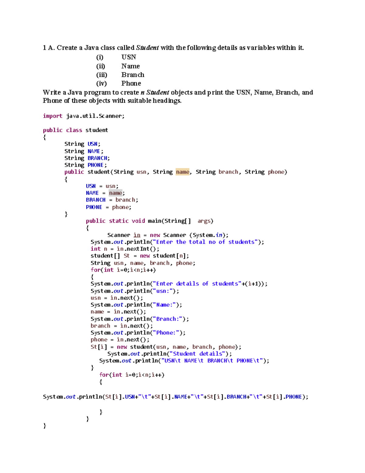 Labmanual - Notes - 1 A. Create a Java class called Student with the ...