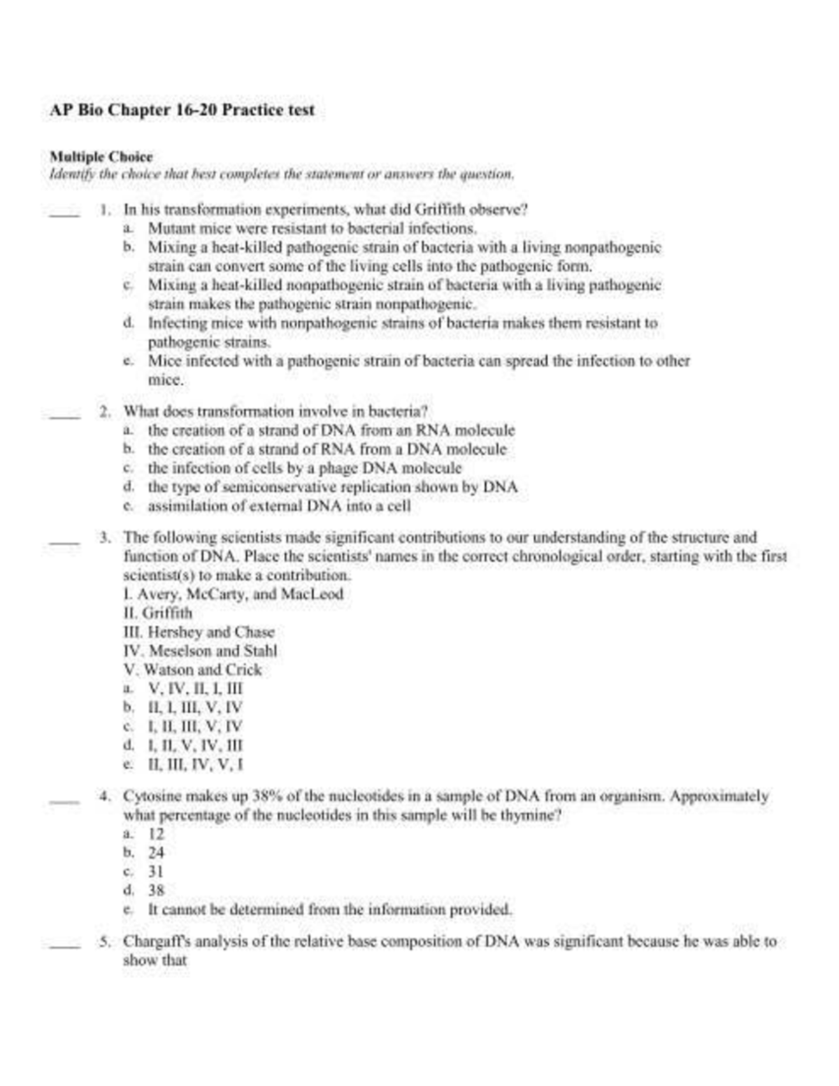 AP Bio Quiz: Chapter Practice Test on DNA and Transformation - Studocu