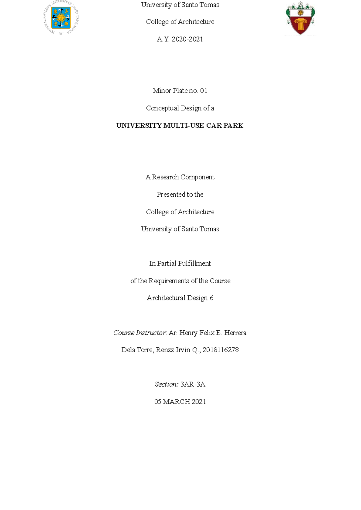 UST Arch 6 Final Exam: Conceptual Design of a University Car Park - Studocu