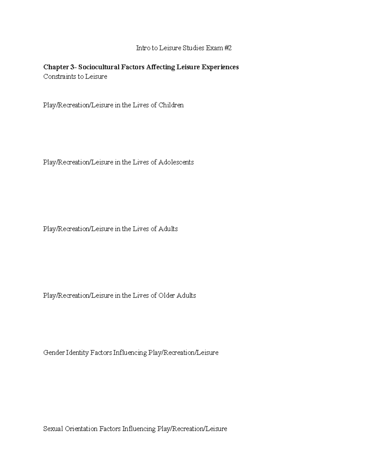 Intro to Leisure Studies (LEIS 101) Final Exam Study Guide - Studocu