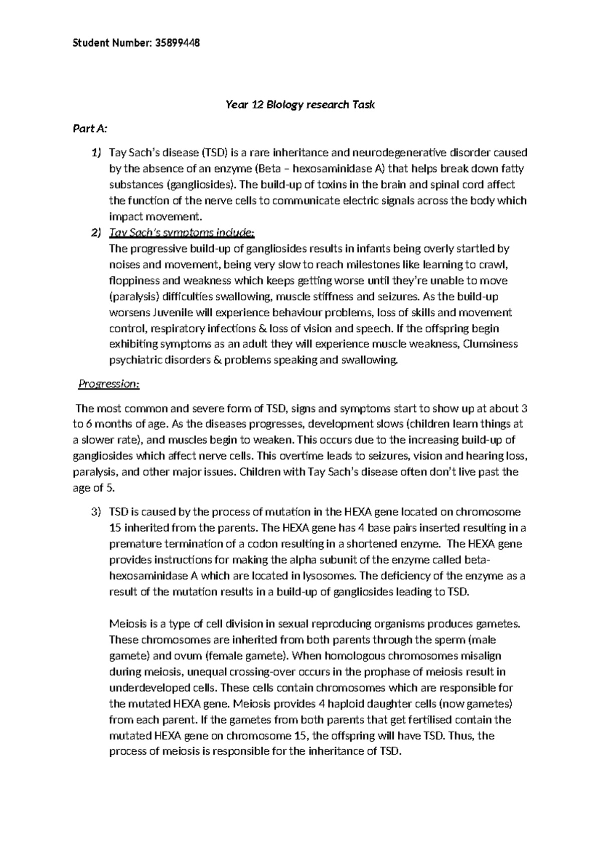 Year 12 Biology Research Task: Tay-Sachs Disease Overview - Studocu