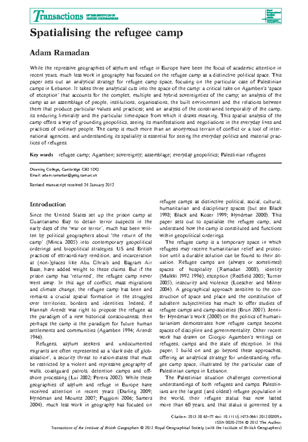 Spatialising the Refugee Camp: Geopolitics of Palestinian Exile in ...