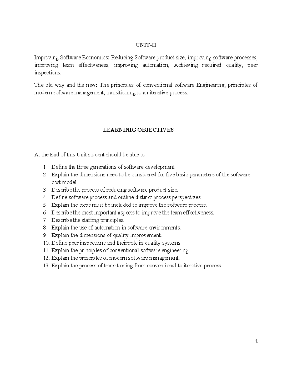 SPM Unit II: Enhancing Software Economics & Process Improvement - Studocu