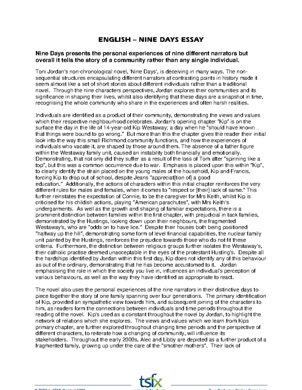 Nine Days Essay (ENG101) - A Community's Impact on Individual ...