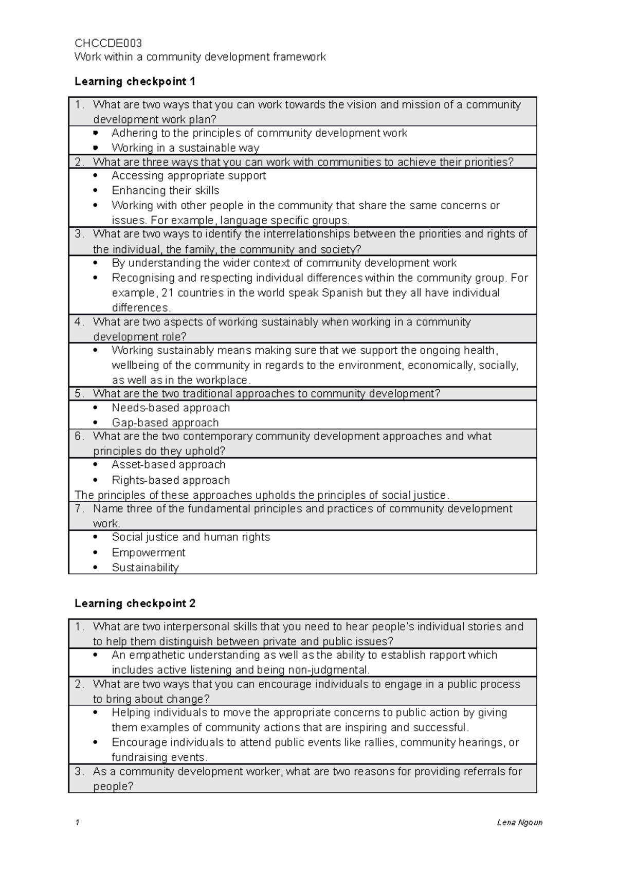 CHCCDE003 Community Development Framework - Learning Checkpoints 1-3 ...