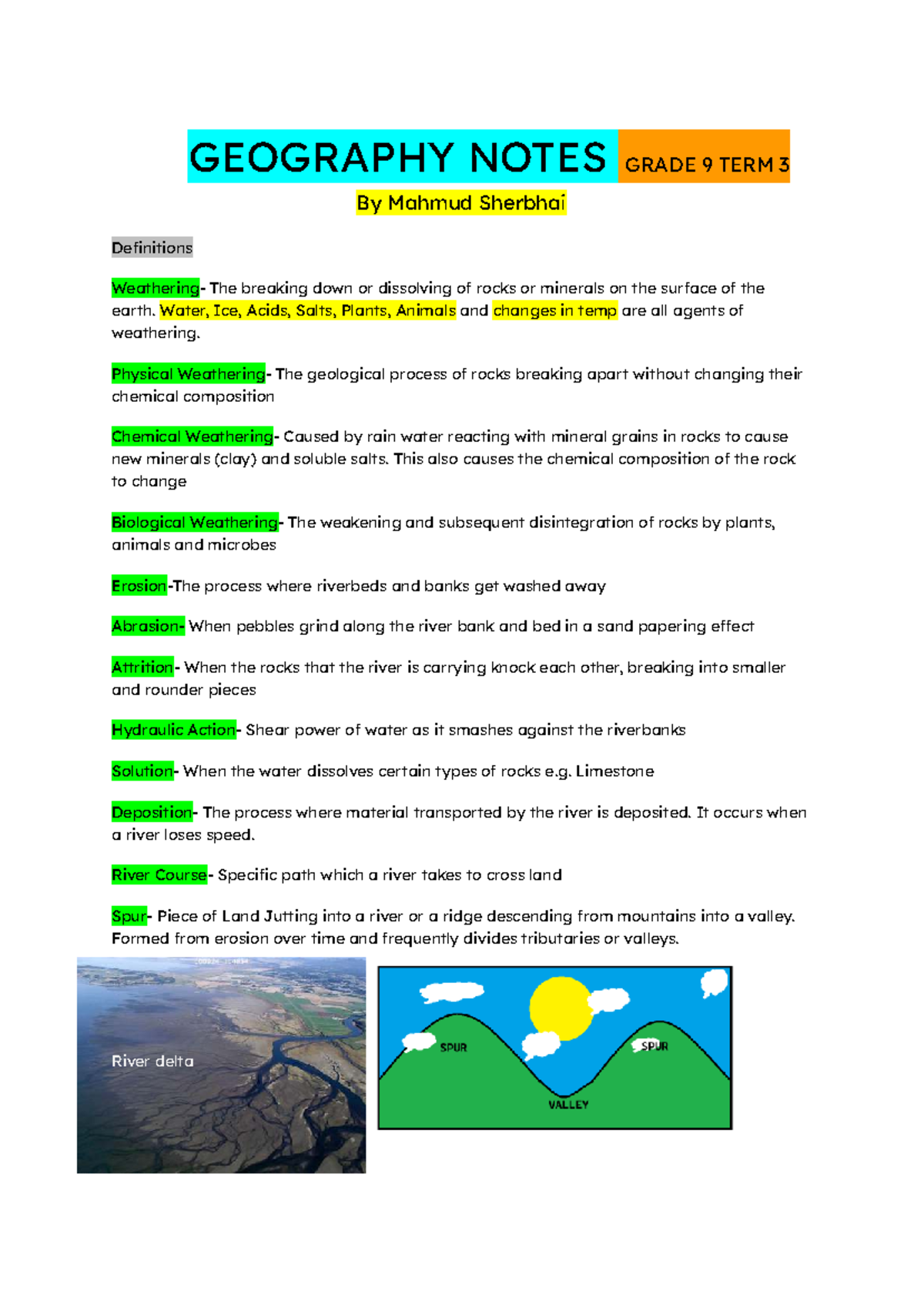 Geography Notes Grade 9 Term 3: Weathering, Erosion, and Deposition ...