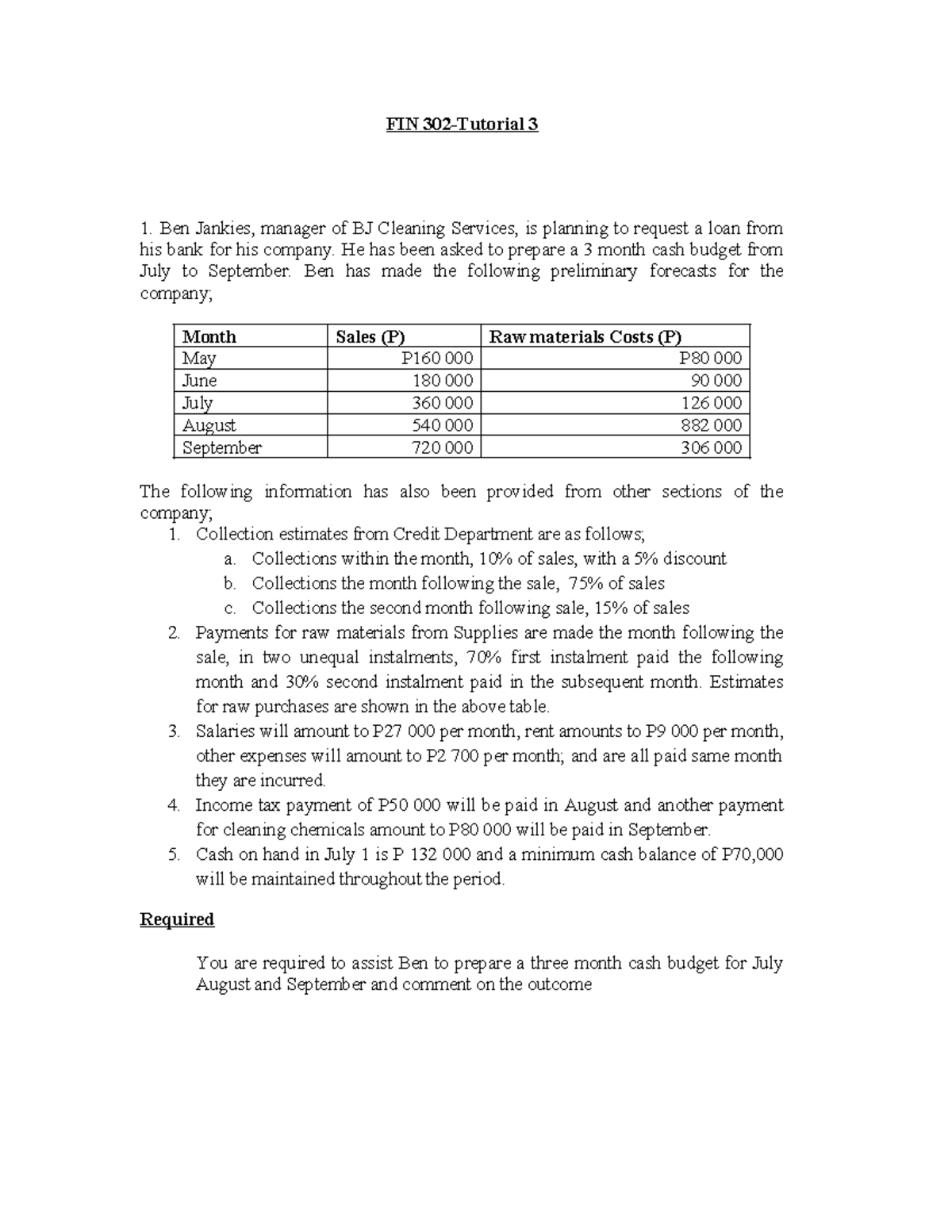 FIN 302 Tutorial 3 With Solutions-The Cash Budget - FIN 302-Tutorial 3 1. Ben Jankies, manager ...