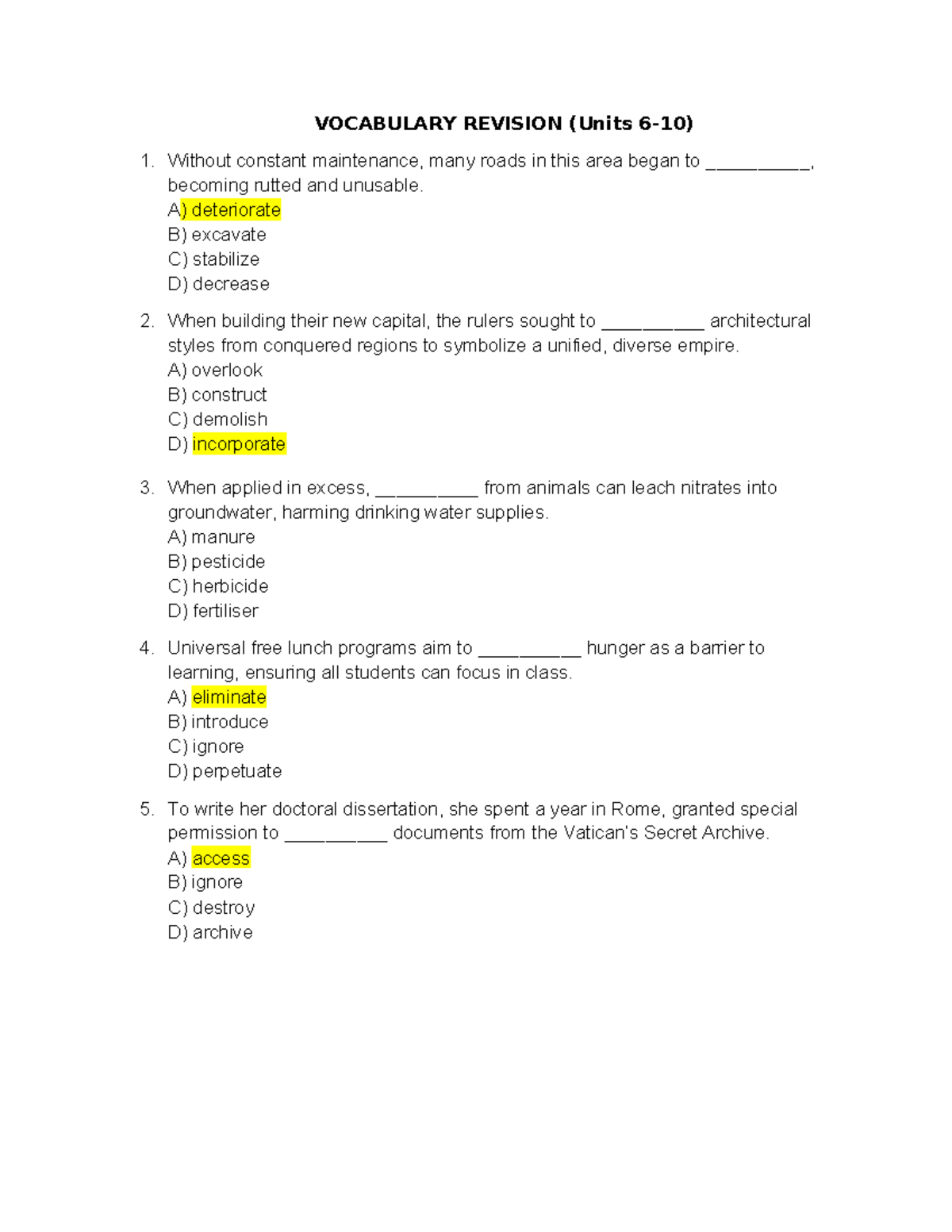 VOCABULARY REVISION (Units 1-63) for Exam Preparation - Studocu