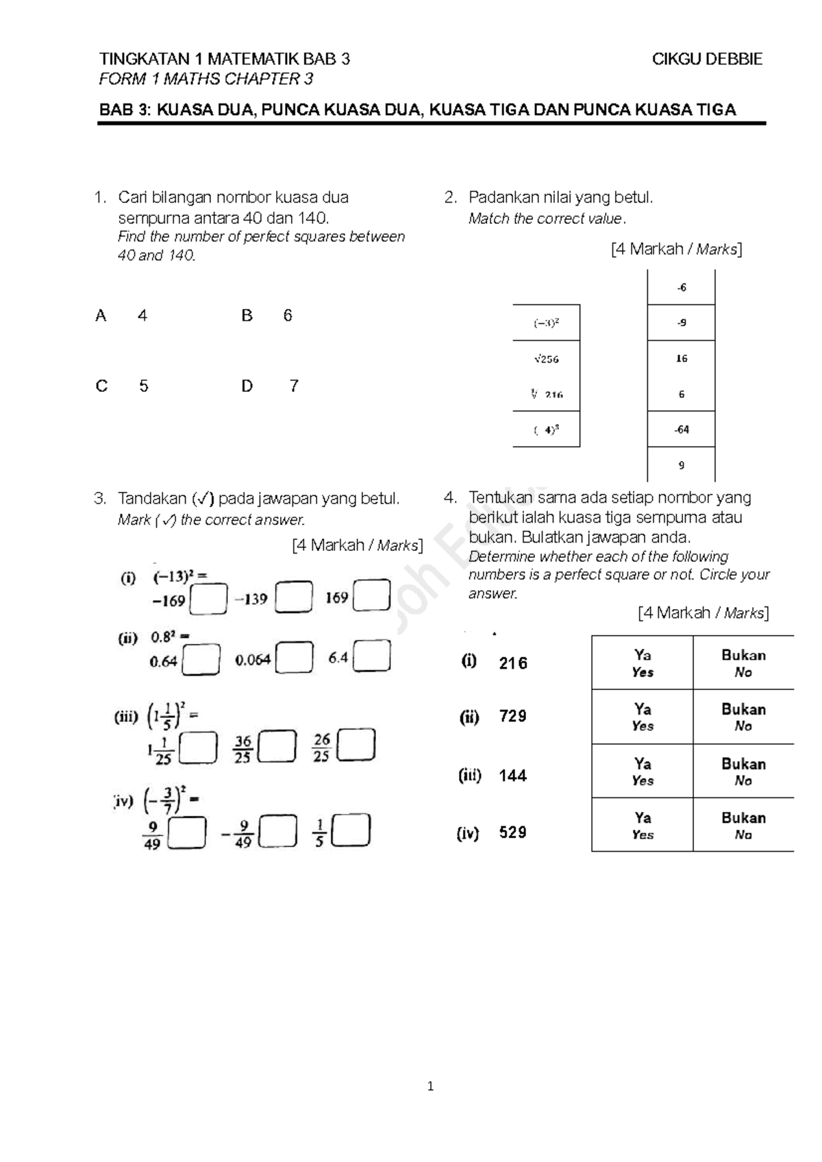 TINGKATAN 1 MATEMATIK BAB 3: KUASA DUA & KUASA TIGA - Studocu