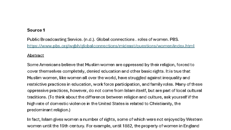 ENGH 101 - Annotated Bibliography on Women's Rights in Islam - Studocu