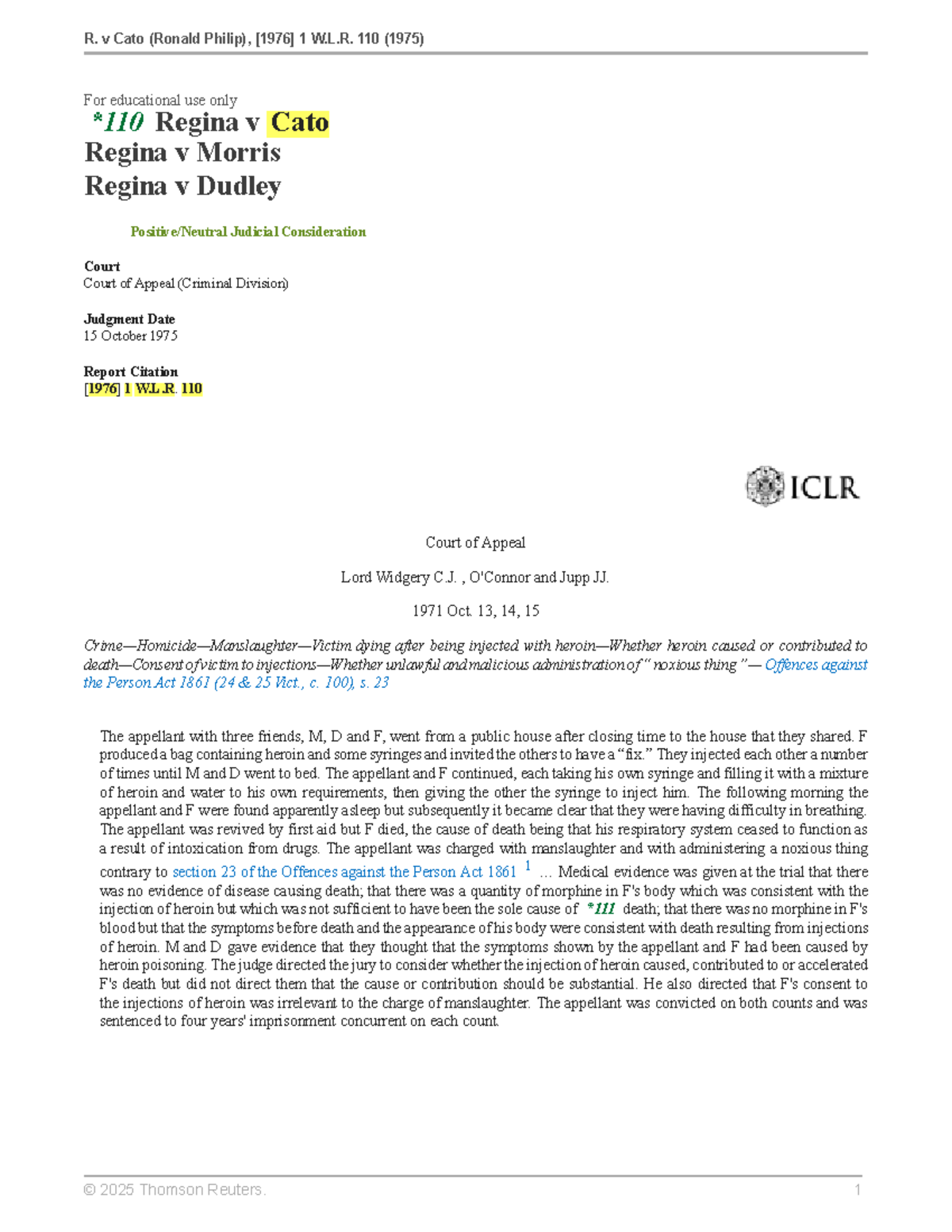 R. v Cato (Ronald Philip), 1 W.L.R. 110 (1975) - Case Analysis and ...