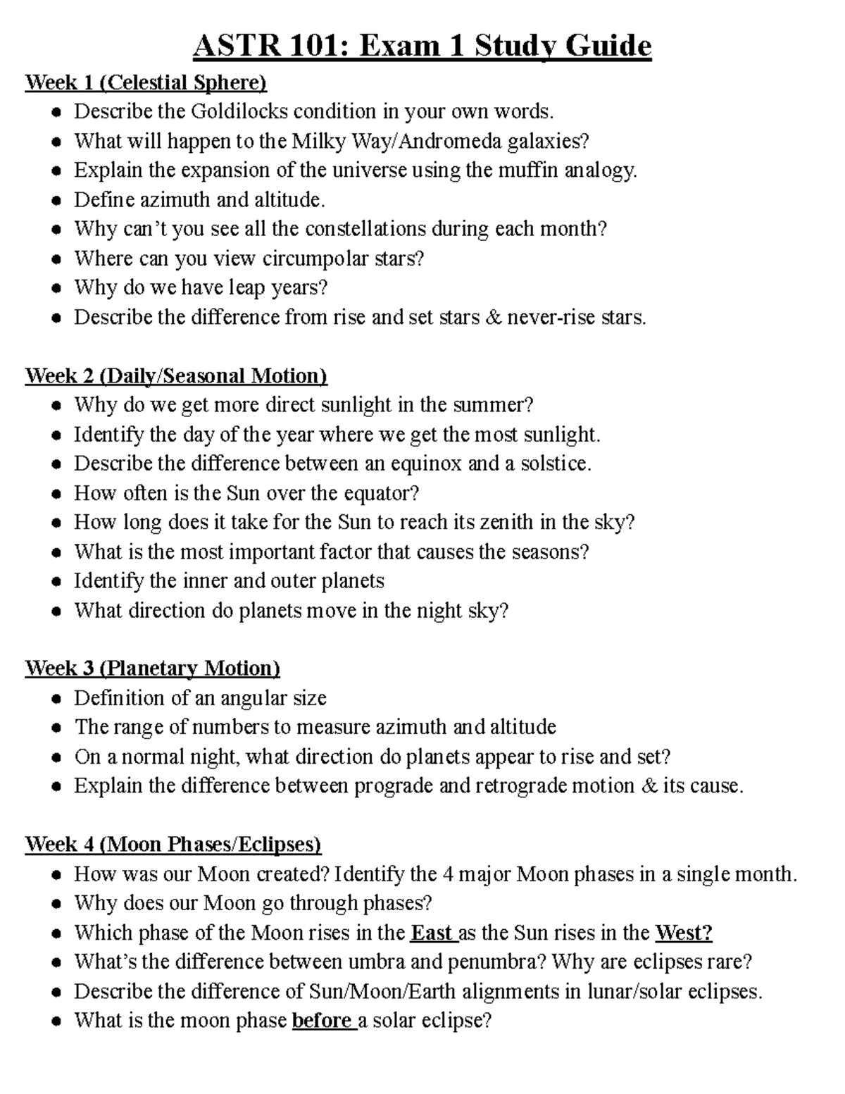 ASTR 101: Exam 1 Study Guide - Key Concepts & Questions - Studocu