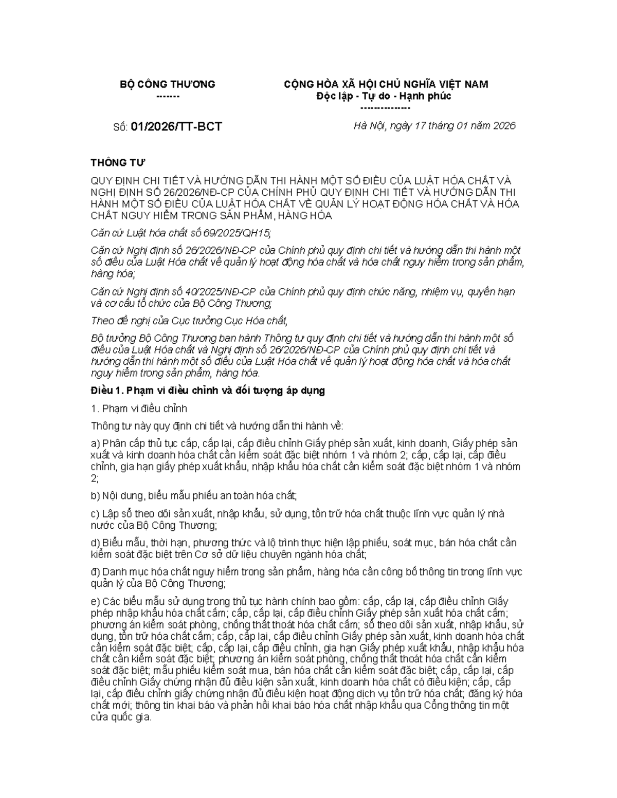 Thông tư 01/2026/TT-BCT: Quy định chi tiết về quản lý hóa chất - Studocu