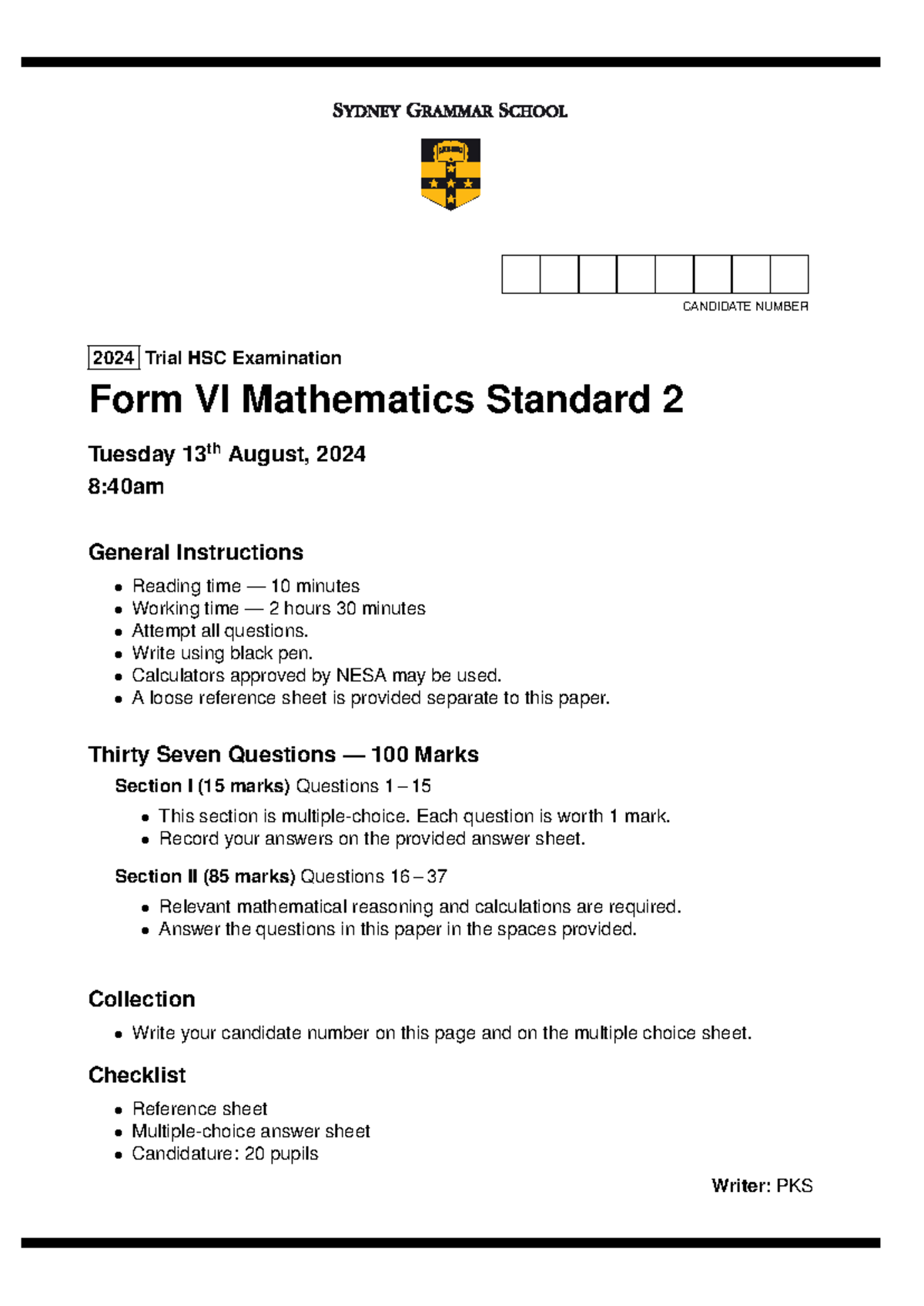 Form VI Mathematics Standard 2 Trial HSC Exam 2024 Past Paper - Studocu