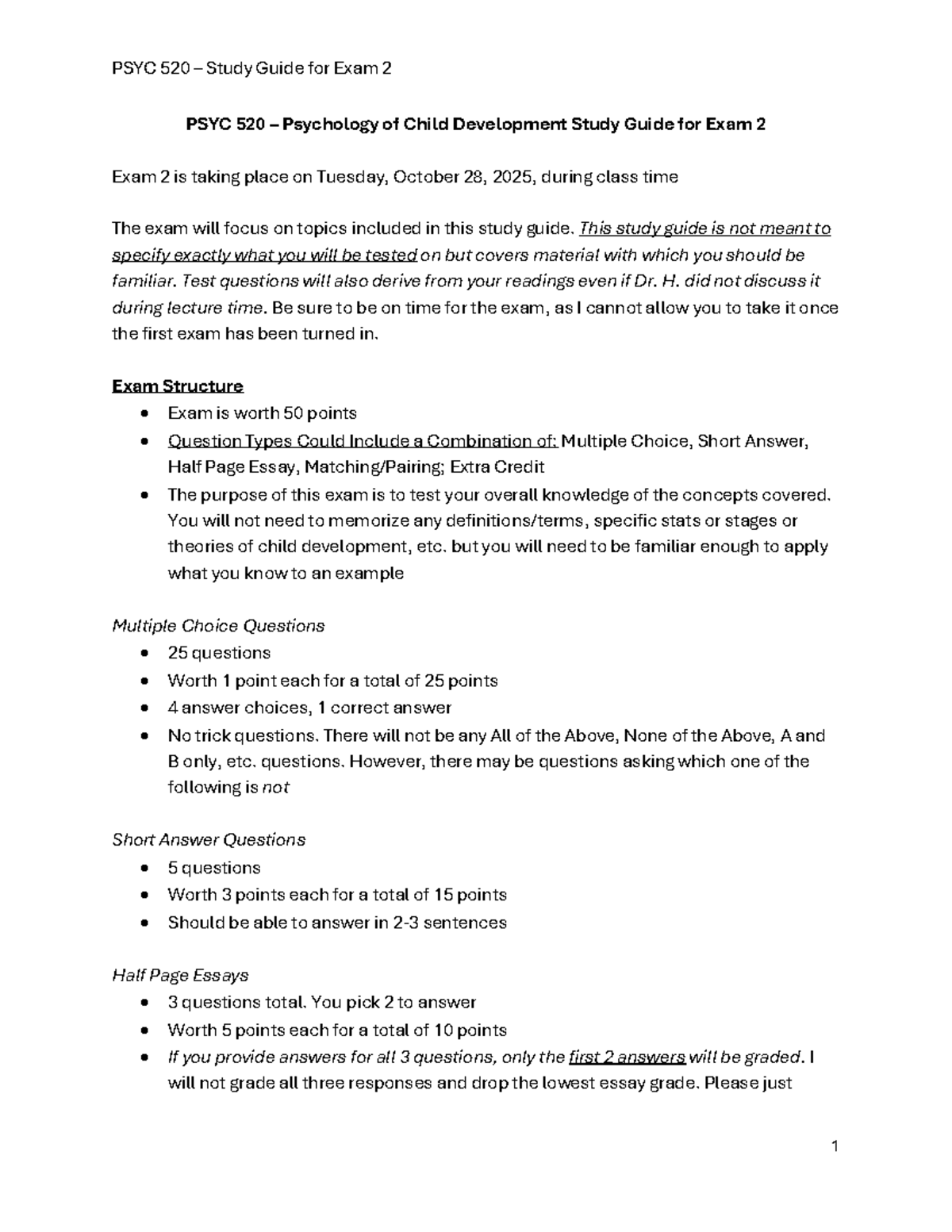 PSYC 520 Exam 2 Study Guide: Psychology of Child Development - Studocu