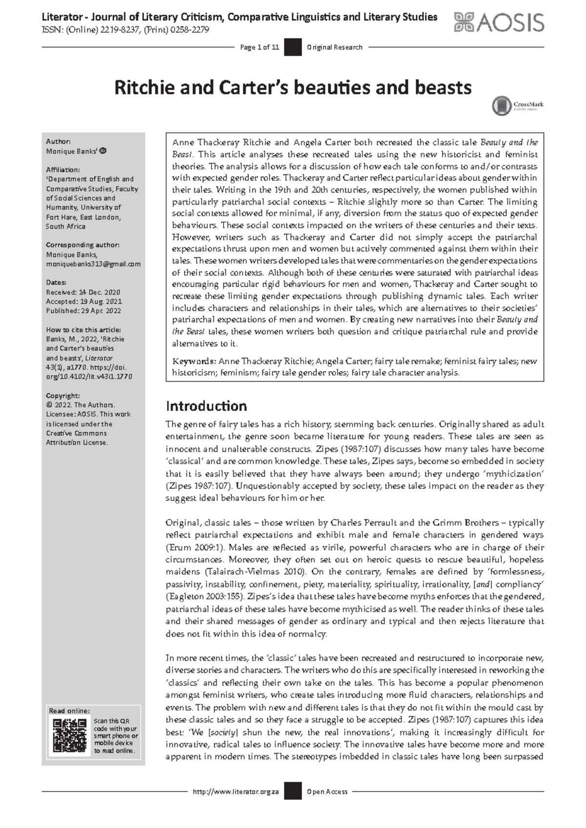 Ritchie and Carter's Beauties and Beasts: A Feminist Analysis - Studocu