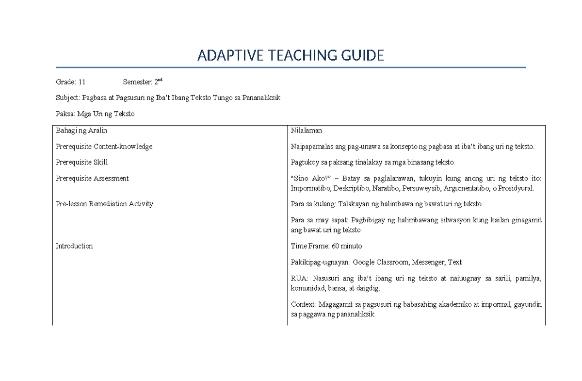 ATG: Mga Uri ng Teksto sa Pagbasa at Pagsusuri (Grade 11, 2nd Sem ...