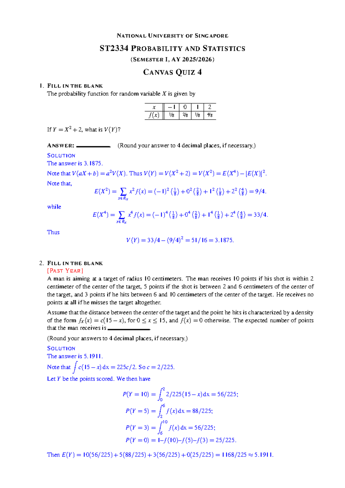 ST2334 Probability and Statistics: Canvas Quiz 04 Answer Key - Studocu