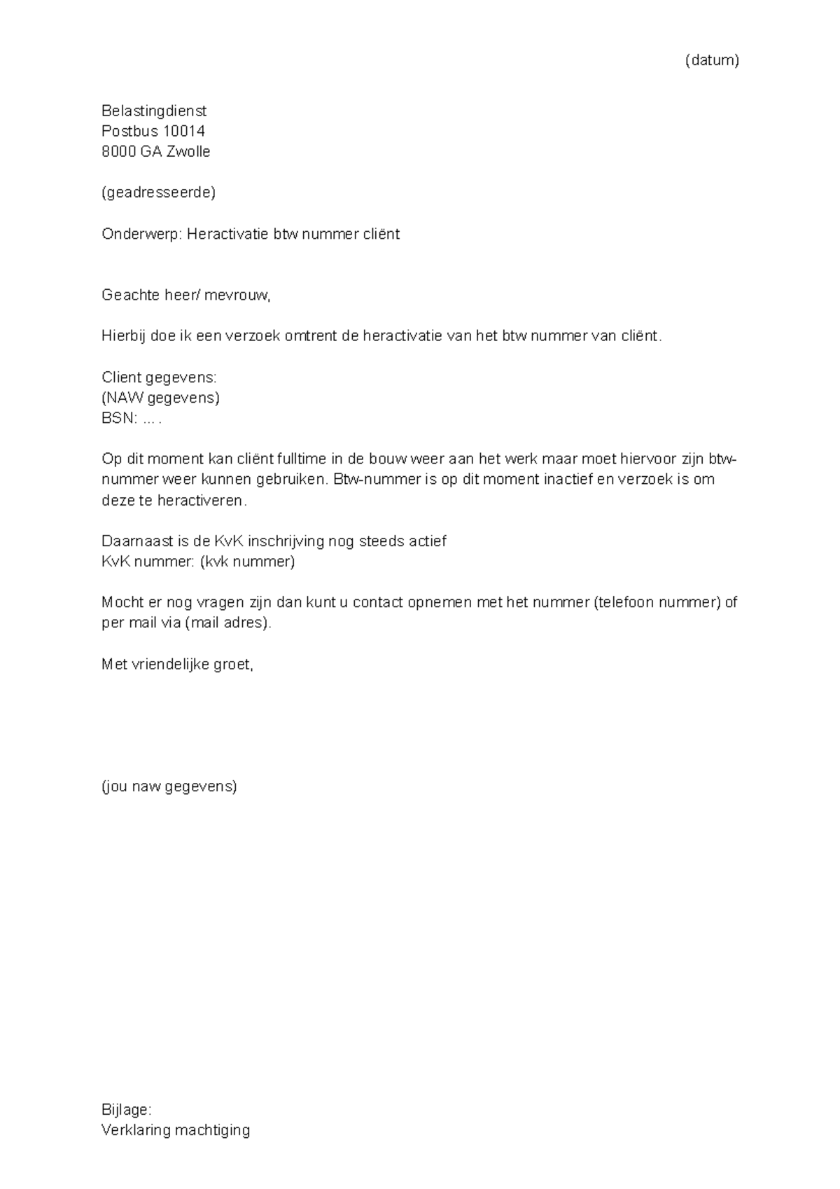 Heractivatieverzoek voor BTW Nummer: Sjabloon 2023 - Studeersnel