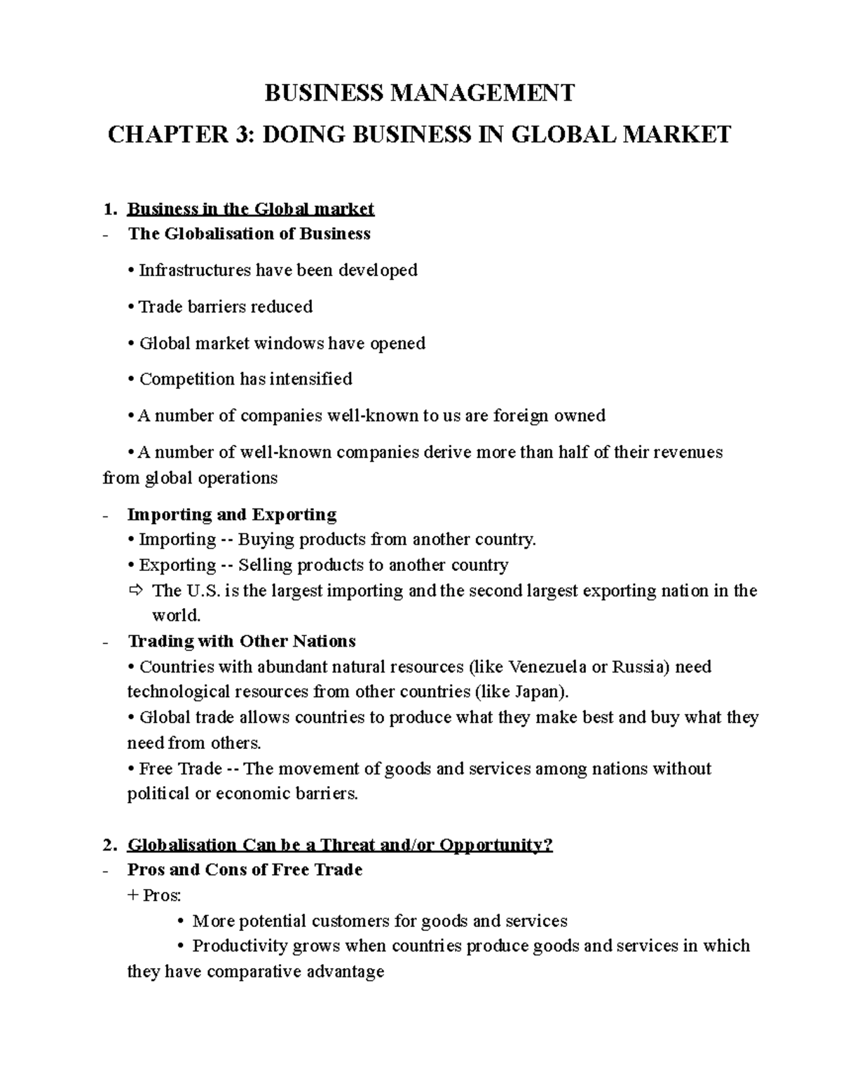 BUSINESS MANAGEMENT CHAPTER 3: GLOBAL MARKET STRATEGIES AND TRENDS ...