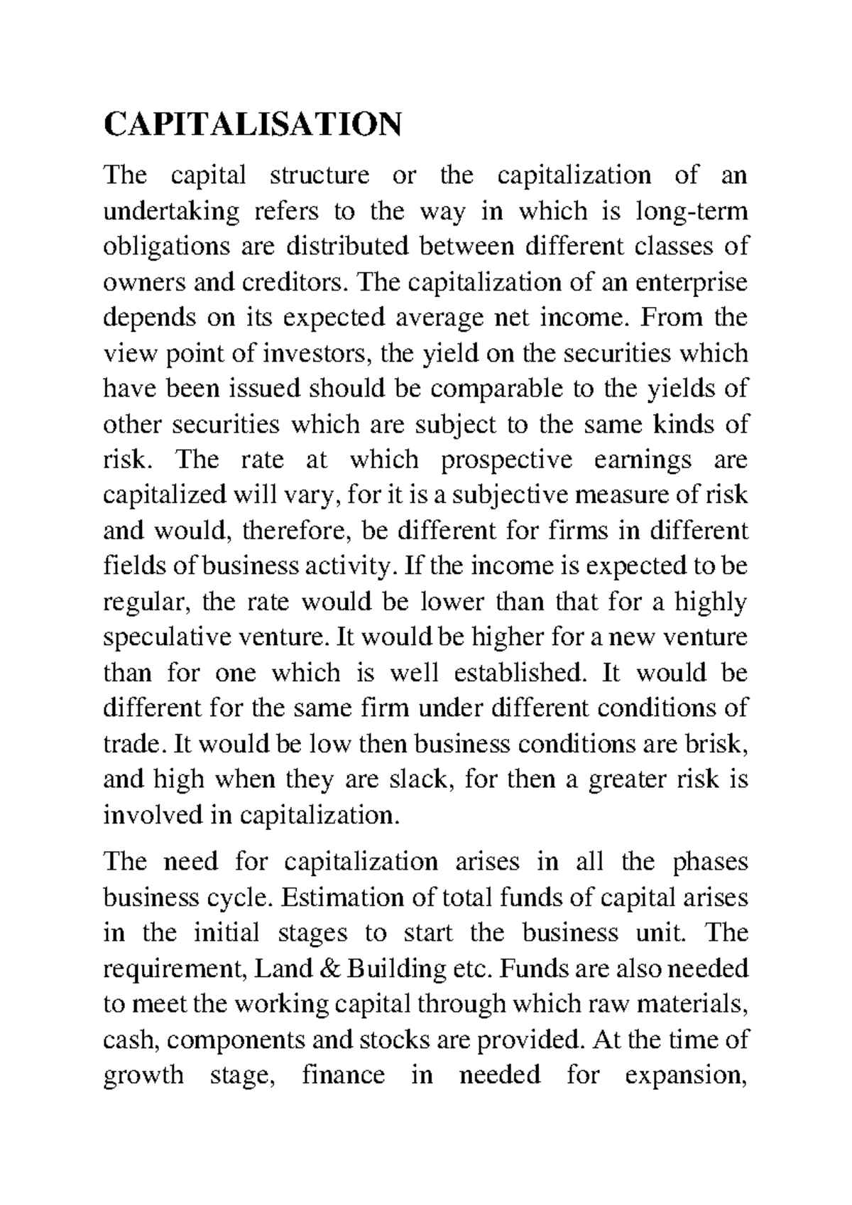 Capitalisation - CAPITALISATION The capital structure or the ...