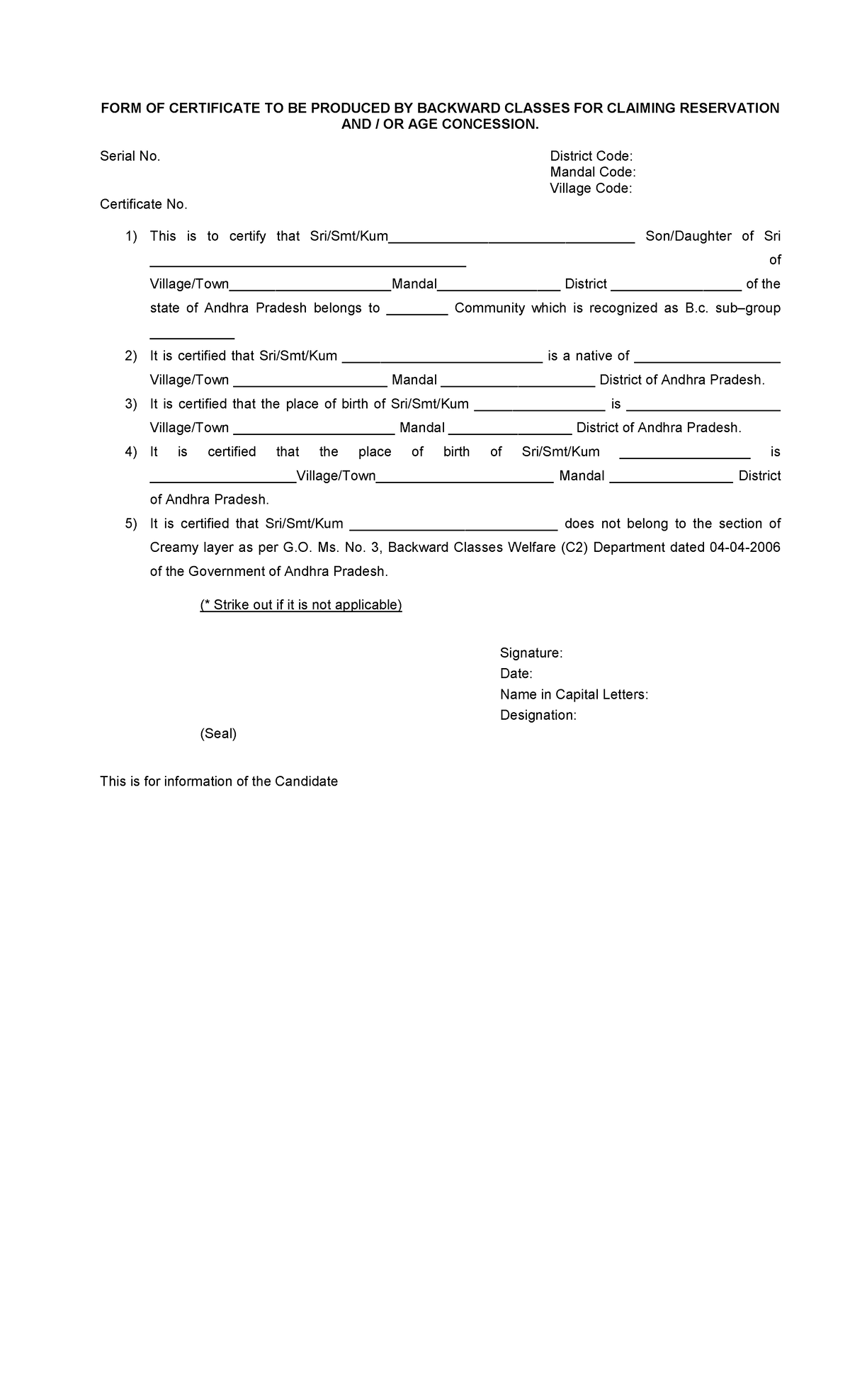 Certificate FOR NON- Creamy Layer - FORM OF CERTIFICATE TO BE PRODUCED ...