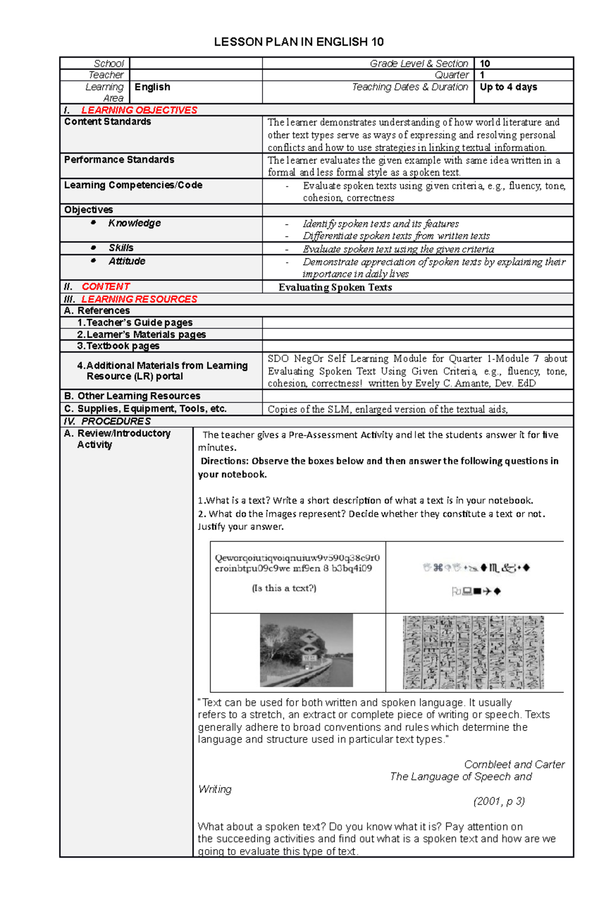 DLP-ENG-G10-Q1-MELC-7-LESSON PLAN ON EVALUATING SPOKEN TEXTS - Studocu
