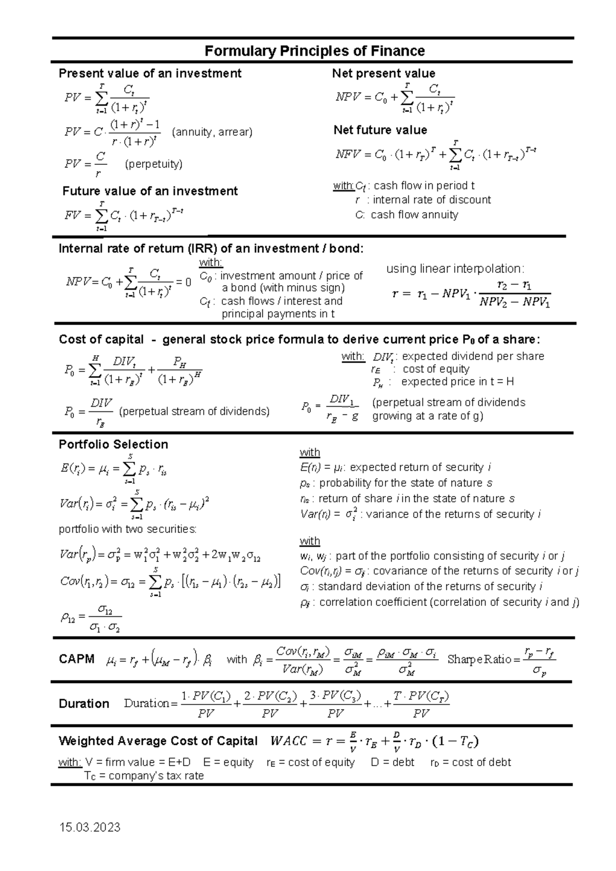 Principles of Finance Formulary 2023: Key Concepts & Formulas - Studocu