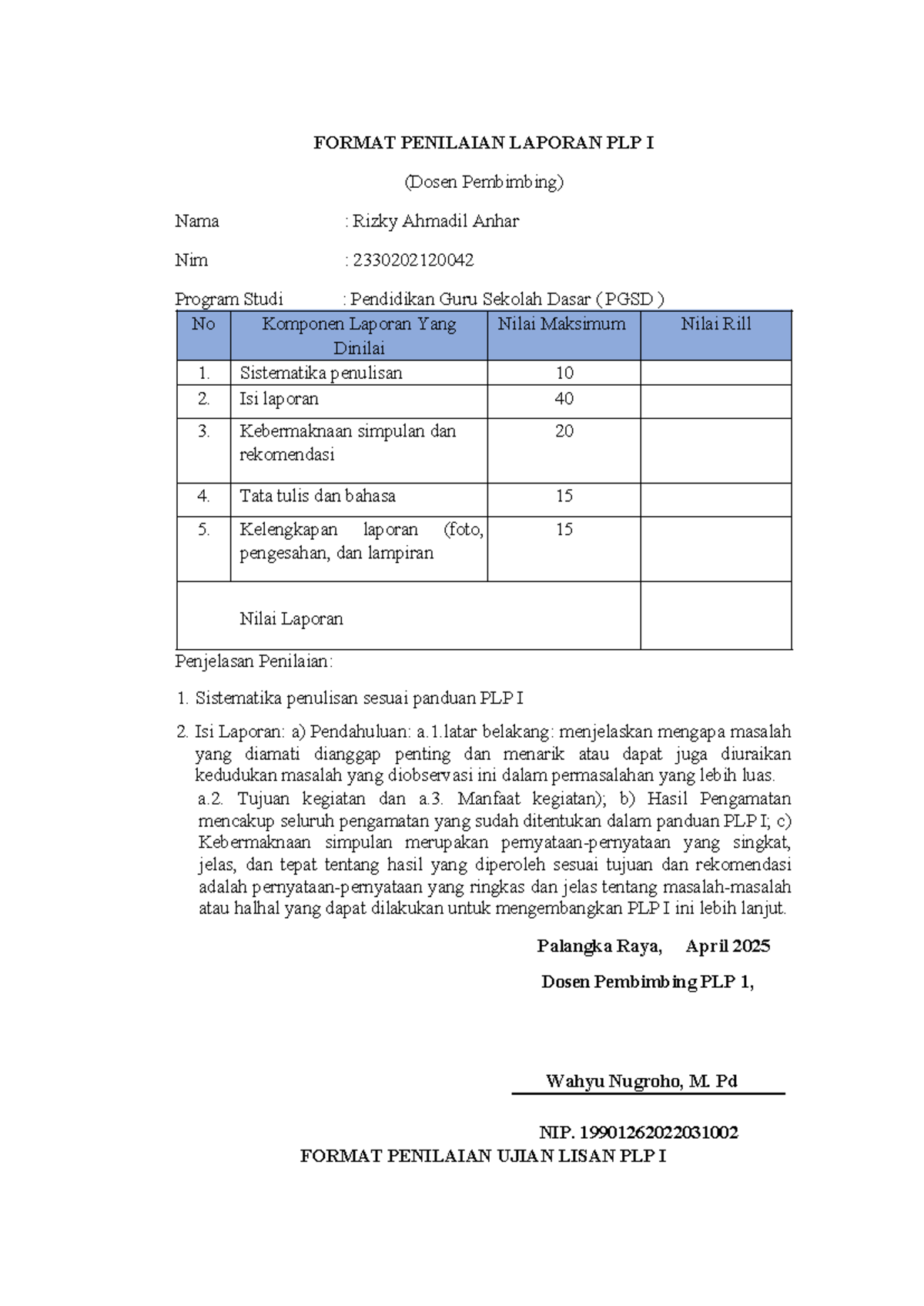 FORMAT PENILAIAN LAPORAN PLP I - Rizky Ahmadil Anhar - Studocu