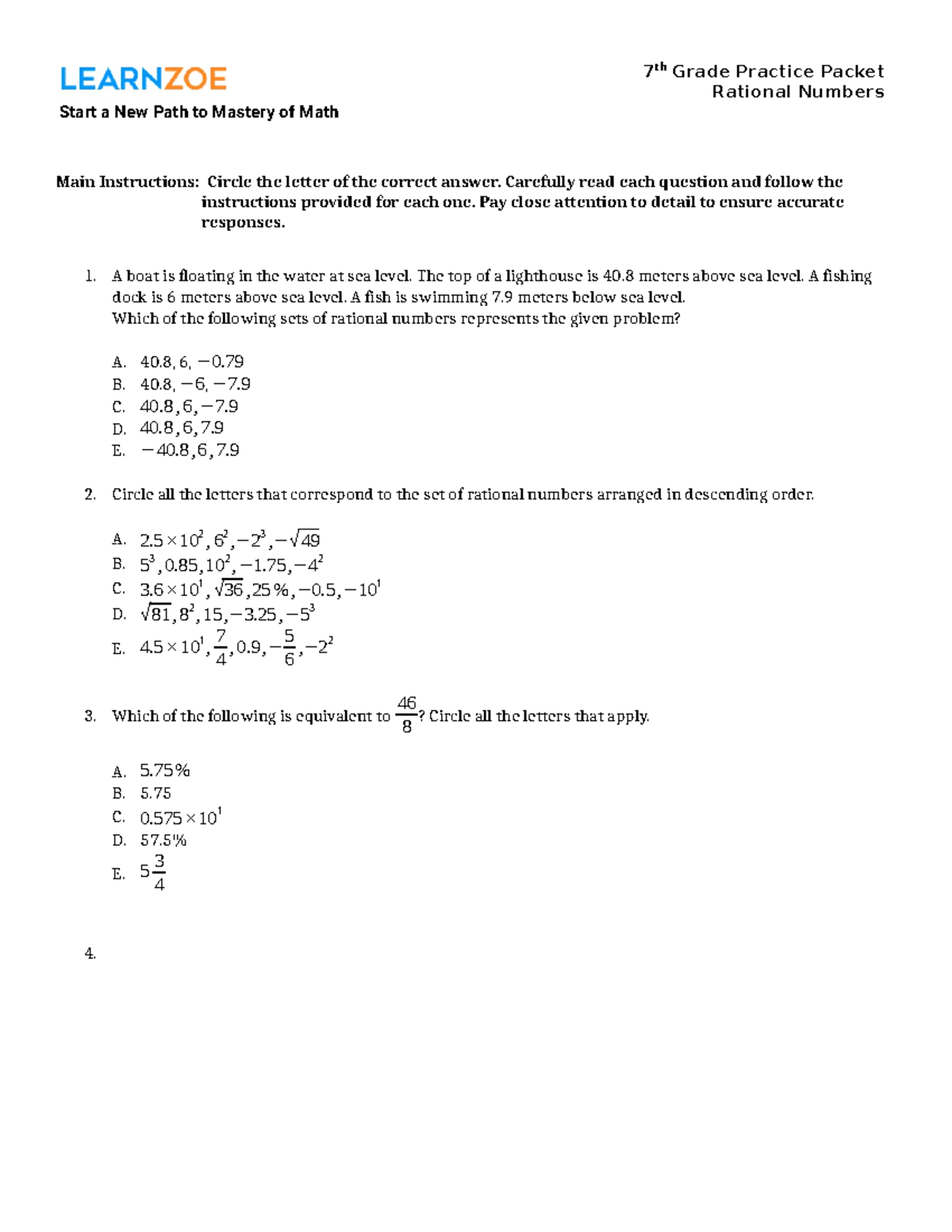 7th Grade Math Practice Packet: Rational Numbers Quiz - Studocu