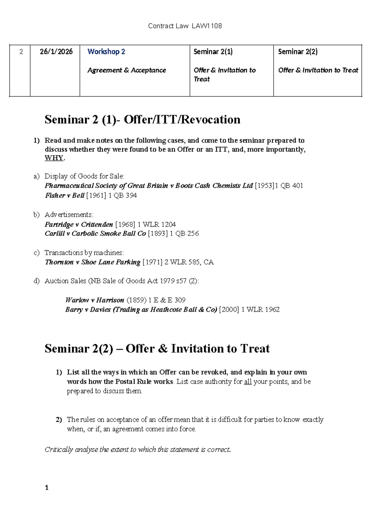 Contract Law LAW1108: Seminar 2 Notes on Offer & ITT Analysis - Studocu