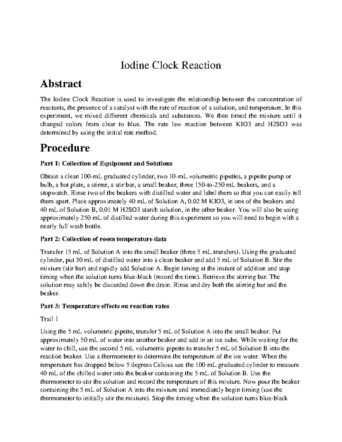 Chem 11 7 - 005 Lab Report: Iodine Clock Reaction Analysis - Studocu
