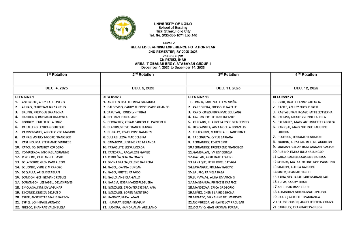 CHN RLE 2nd Sem 2526 Tigbauan L2 Student Rotation Plan - Studocu